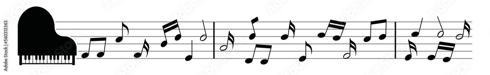 Musical note wave with piano music. Piano music notes melody on white ...