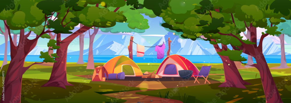Summer camping scene with tents, mountains and lake. Cartoon vector ...