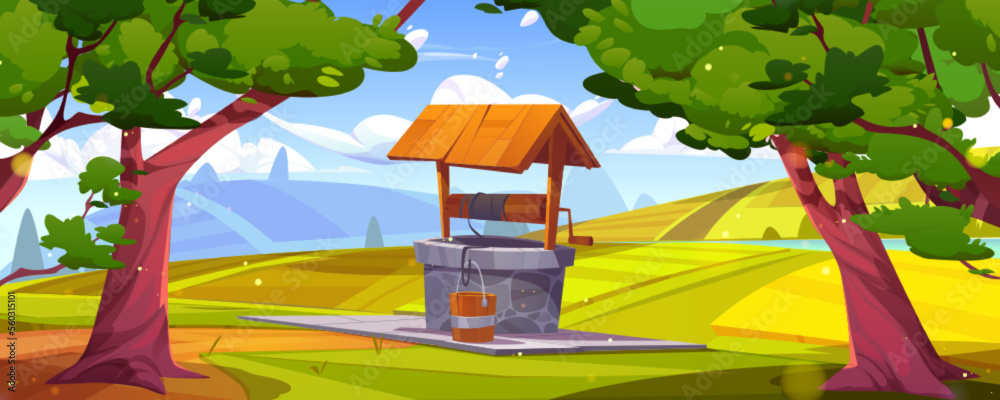 Old stone well with drinking water and wooden bucket, agricultural ...