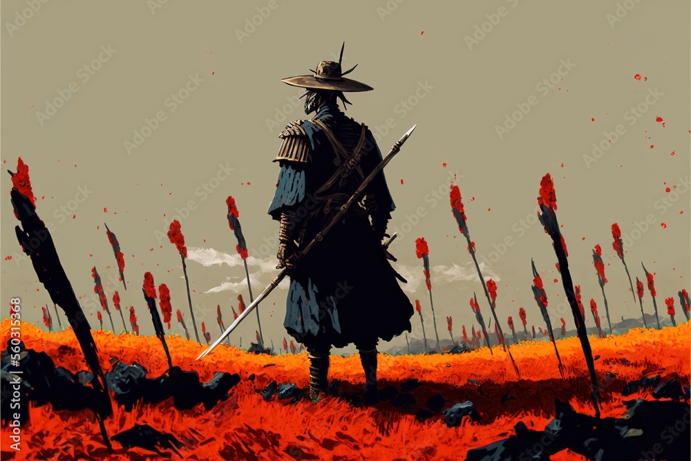 Samurai with the weapon. Samurai standing among the swords impaled on ...