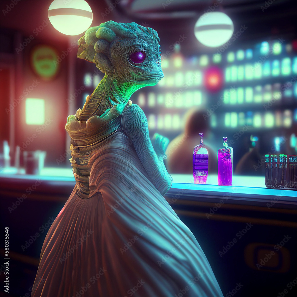 Female alien in a bar in space, generative ai Stock Illustration ...