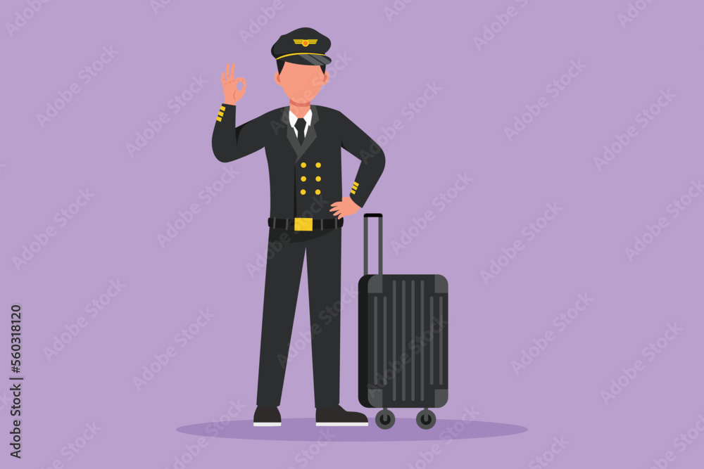 Cartoon flat style drawing of pilot standing with okay gesture and ...