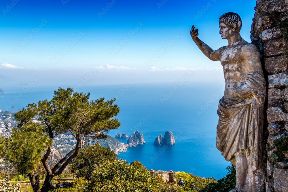 View of the sea and the statue of the august emperor, from the heights of Mount Solaro, Anacapri ...