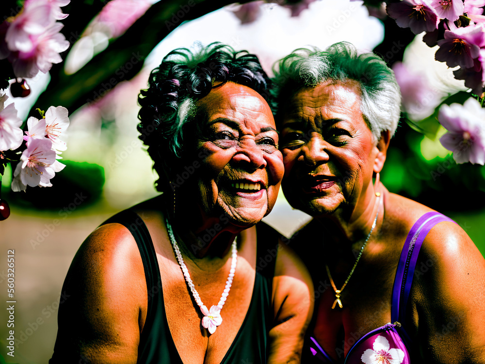 Old black woman couple in lingerie under a cherry tree. Generative AI ...