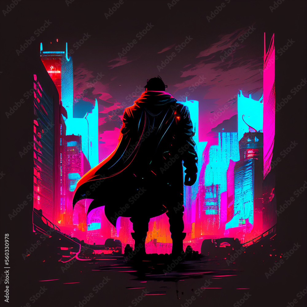 Cyberpunk character in futuristic urban city facing rear side ...