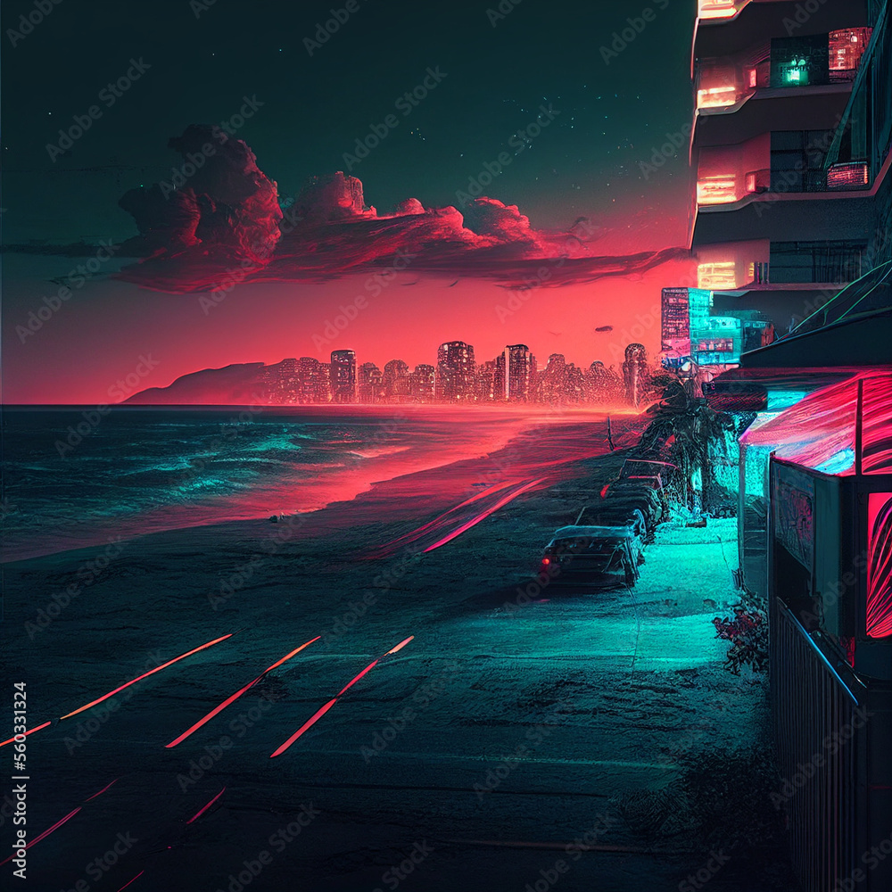 Cyberpunk beach summer street landscape with retro car. Sci-fi ...