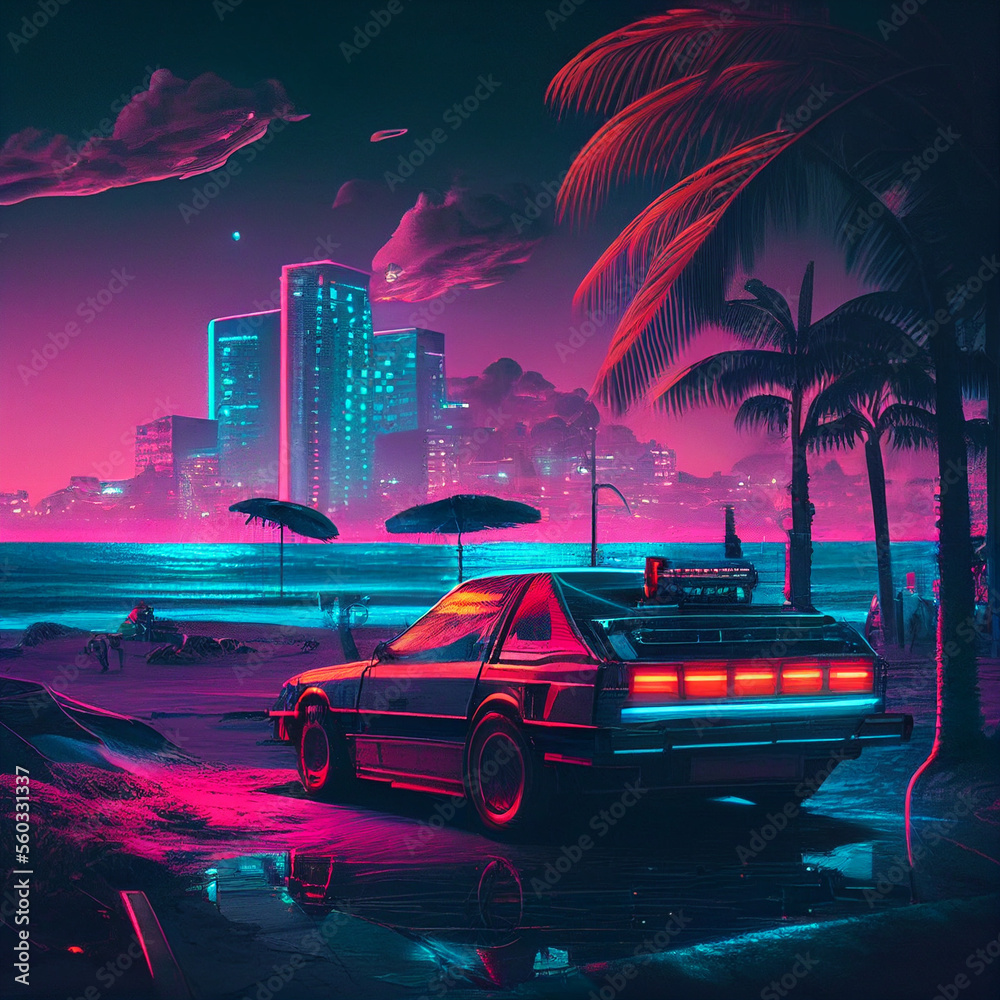 Cyberpunk beach summer street landscape with retro car. Sci-fi ...