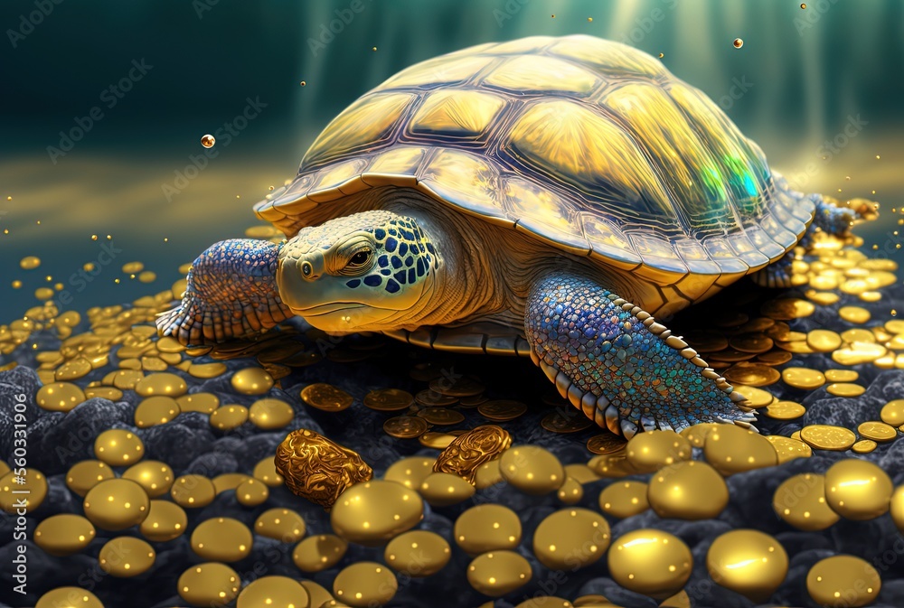 illustration of golden turtle under water with light shine through ...