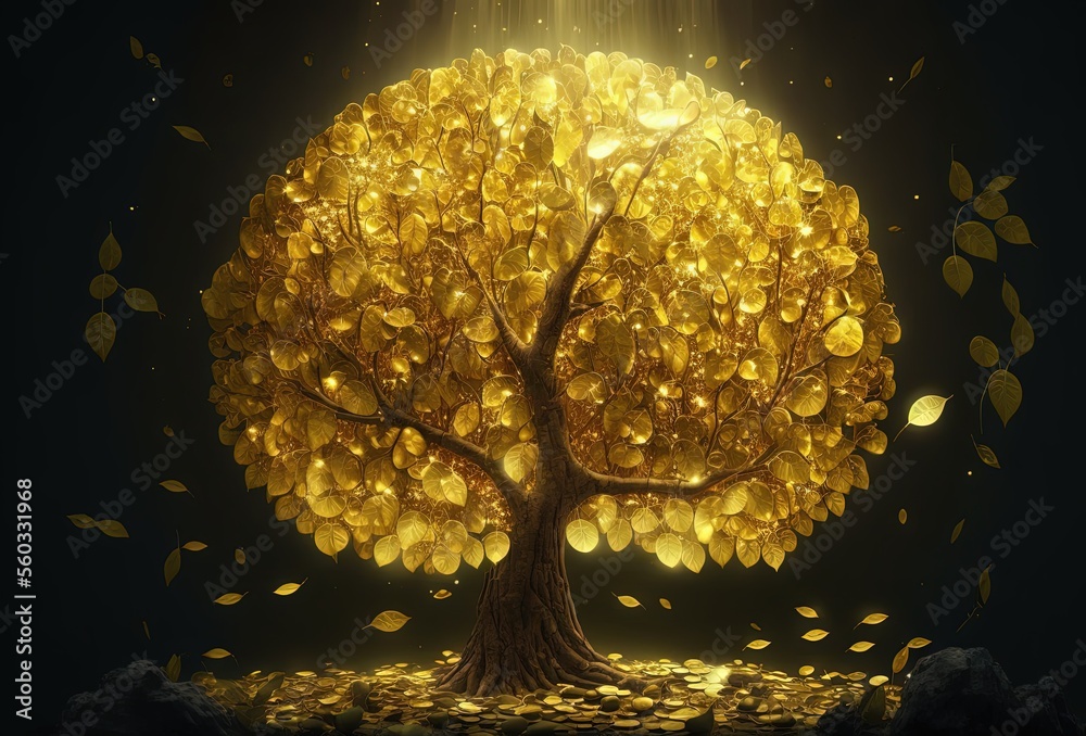 golden gold coin tree has coins as leaves that fall on ground, idea for ...