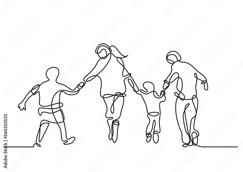 continuous line drawing happy family of four running - PNG image with ...