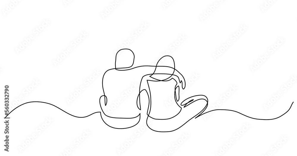 continuous line drawing of two close friends sitting together hugging ...