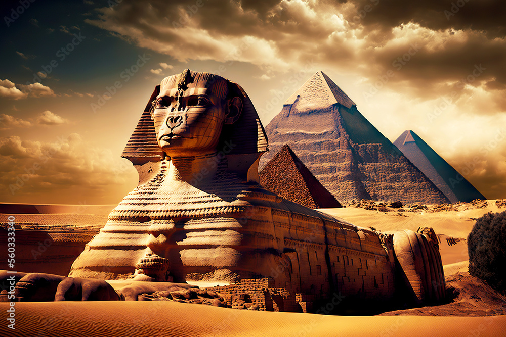 Majestic old stone sphinxes next to egyptian pyramids Stock ...