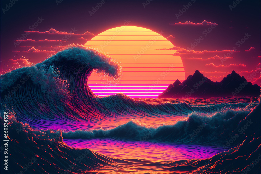 Synthase sunset, landscape with palm trees, 80's retro synthase color ...