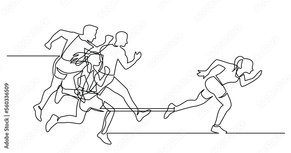 continuous line drawing of group of athletes running after leader woman ...