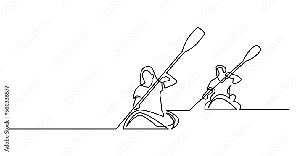 continuous line drawing of man and woman exercising kayaking on ...