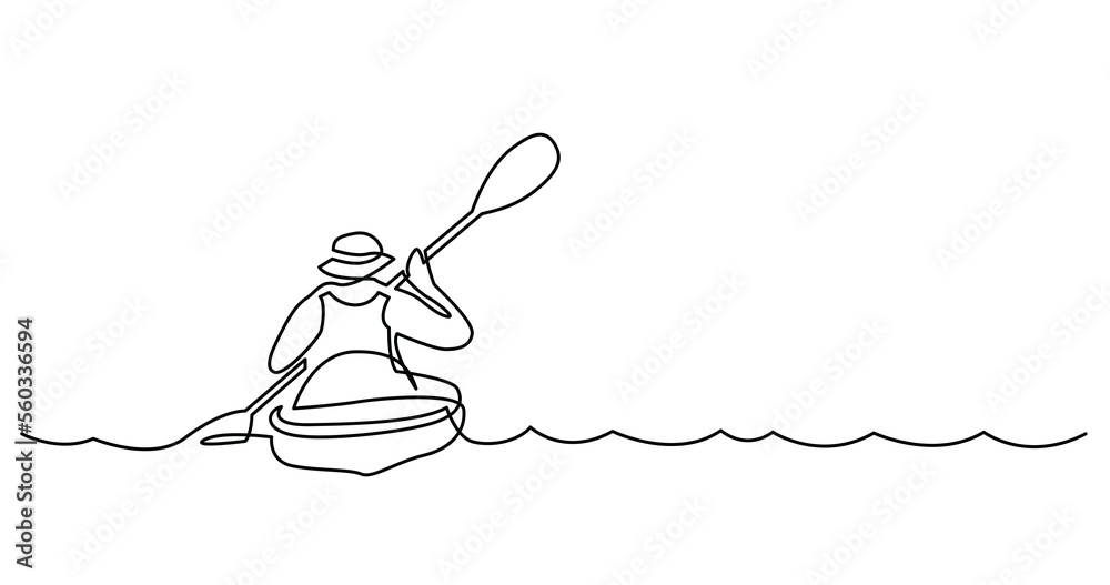 continuous line drawing of man exercising kayaking on beautiful river ...