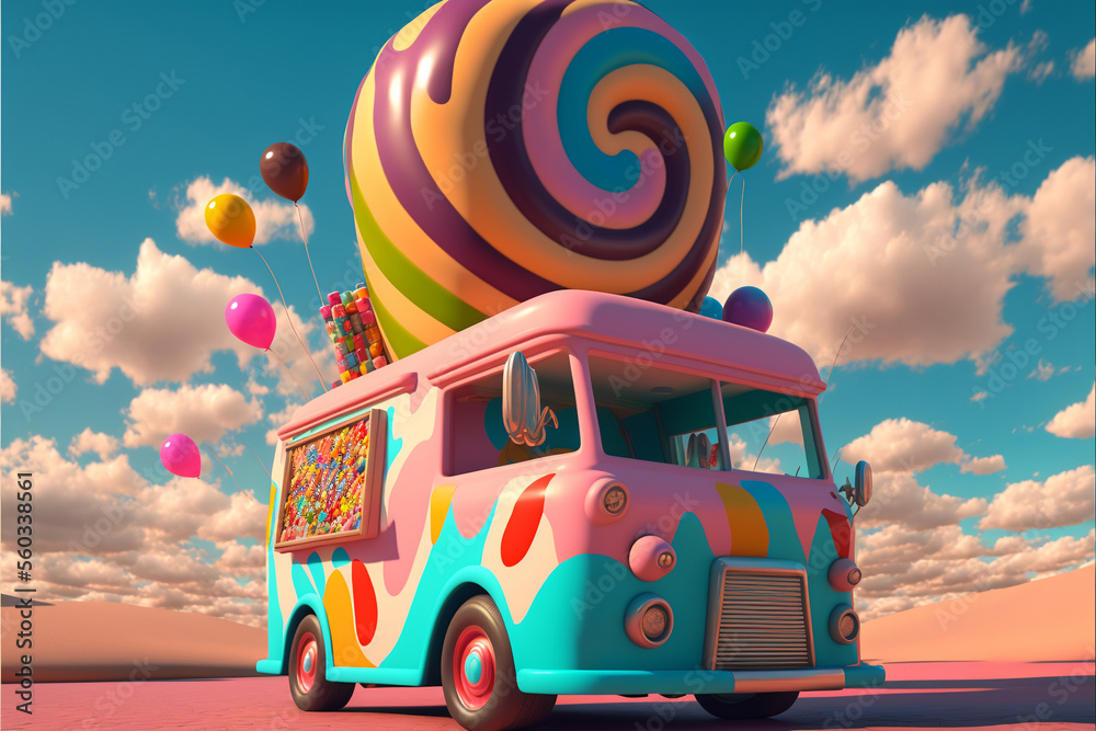 3D Render, Colorful Candyland Truck With Balloons On Clouds Background ...