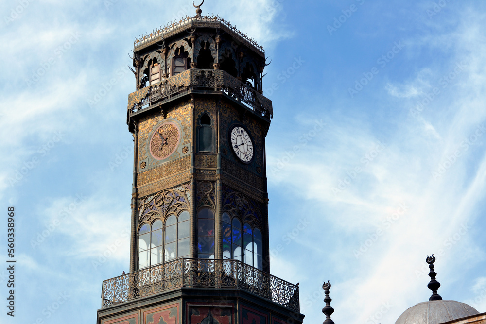 The clock tower of The great mosque of Muhammad Ali Pasha or Alabaster ...