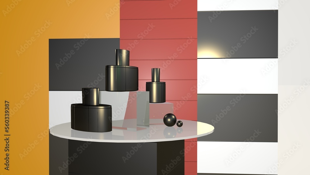 3 render. Jars and bottles of cosmetics and perfume and cologne stand ...