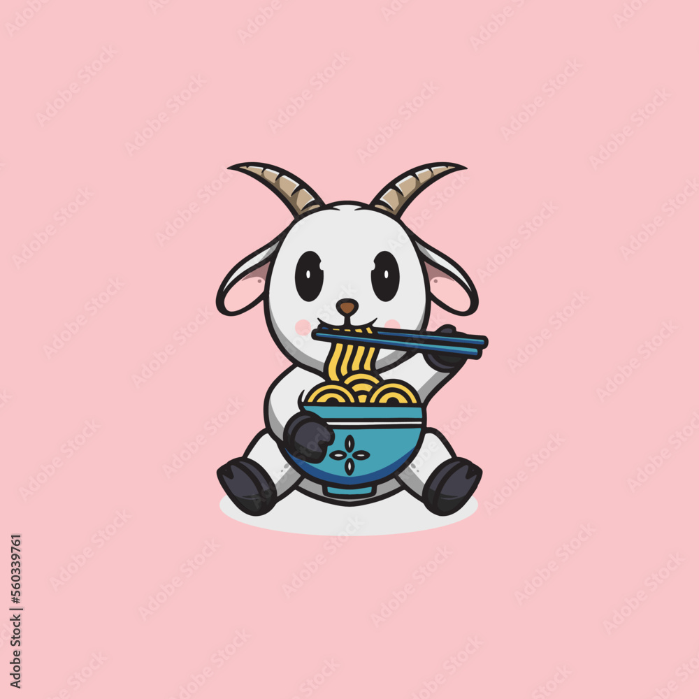 Cute goat eating ramen cartoon illustration Stock Vector | Adobe Stock