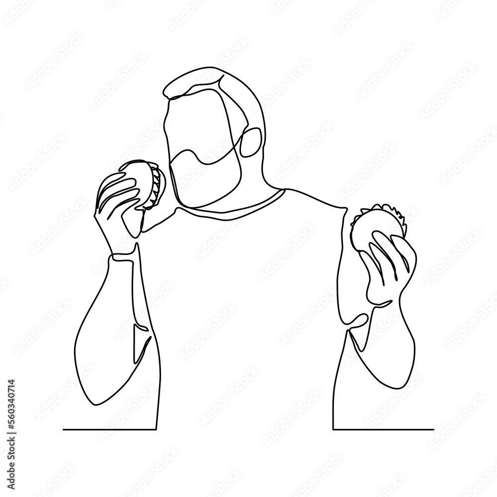 Continuous single one line drawing art of hungry man eat cheese beef ...