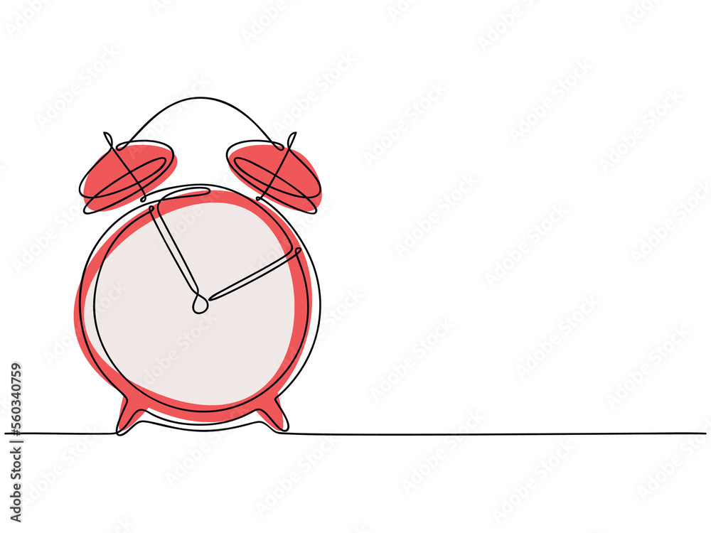 Red retro style alarm clock vector one line continuous drawing ...
