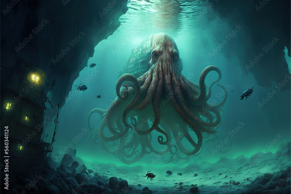 an octopus is swimming in a cave with a ship in the background and a ...