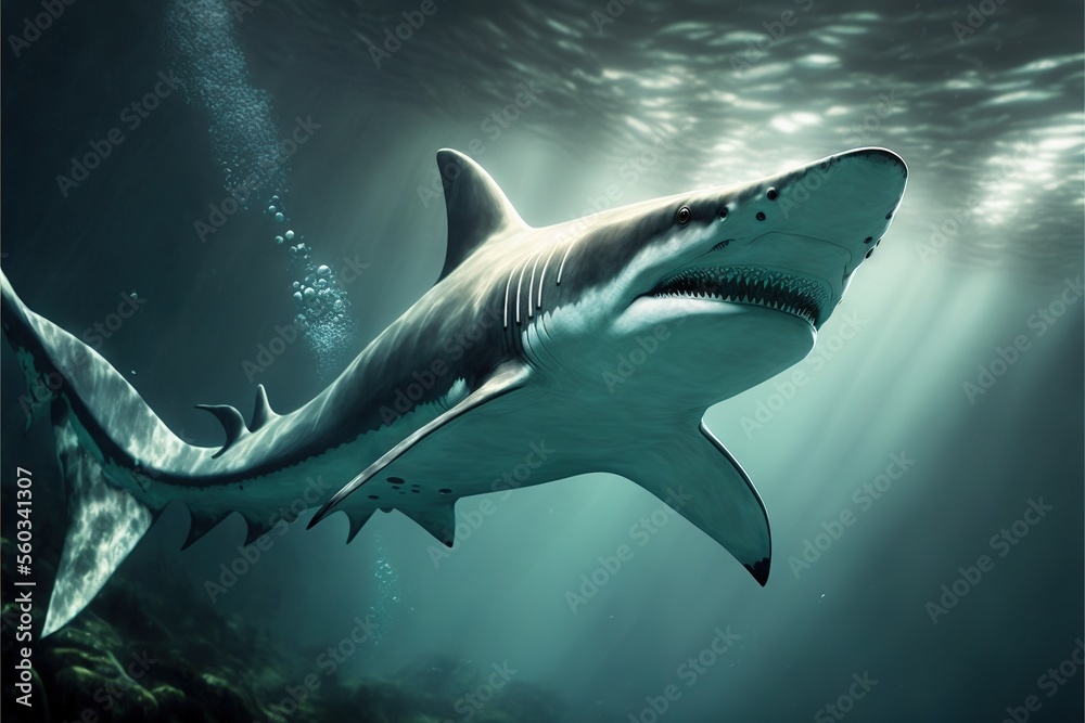 a shark swimming in the ocean with a light shining on it's face and a ...