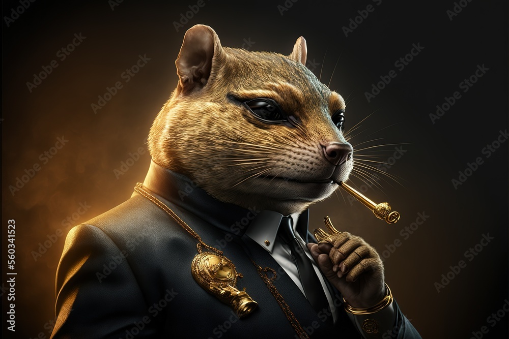 Gangster Squirrel In A Black Three Piece Suit And Smoking Golden Cigar Attitude Mode And Wearing