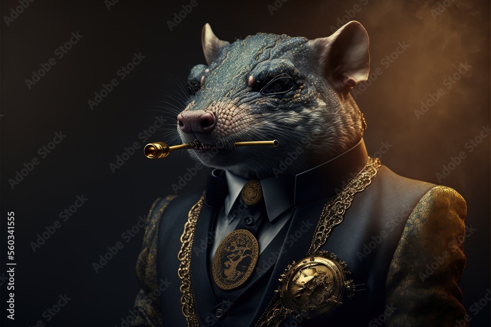 Gangster rat in a black three-piece suit and smoking golden cigar ...