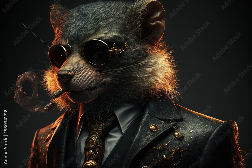 Gangster raccoon in a black three-piece suit and smoking golden cigar ...
