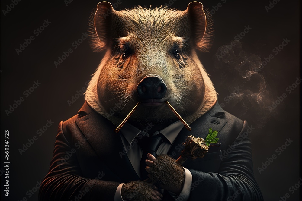 Gangster pig in a black three-piece suit and smoking golden cigar ...