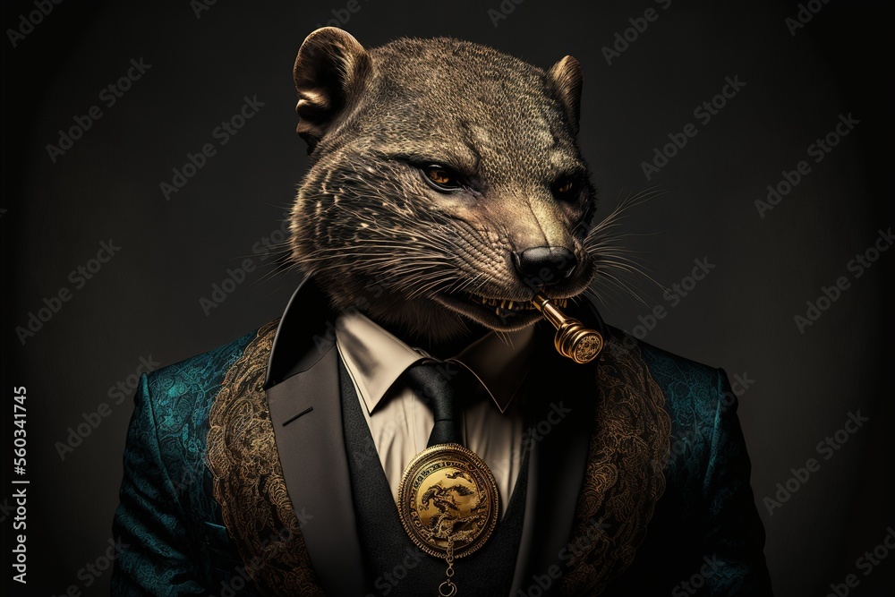 Gangster raccoon in a black three-piece suit and smoking golden cigar ...