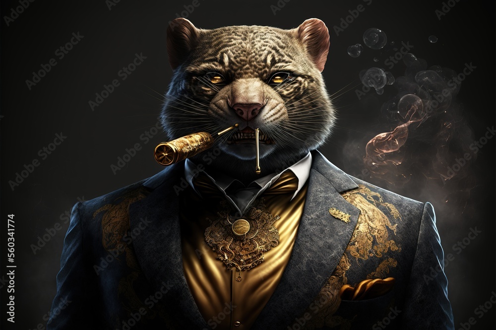 Gangster leopard in a black three-piece suit and smoking golden cigar ...