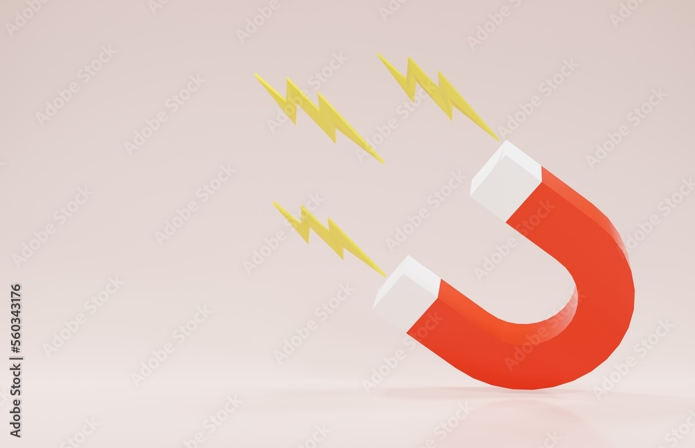 3D red magnet and lightning bolt for attraction on light orange ...