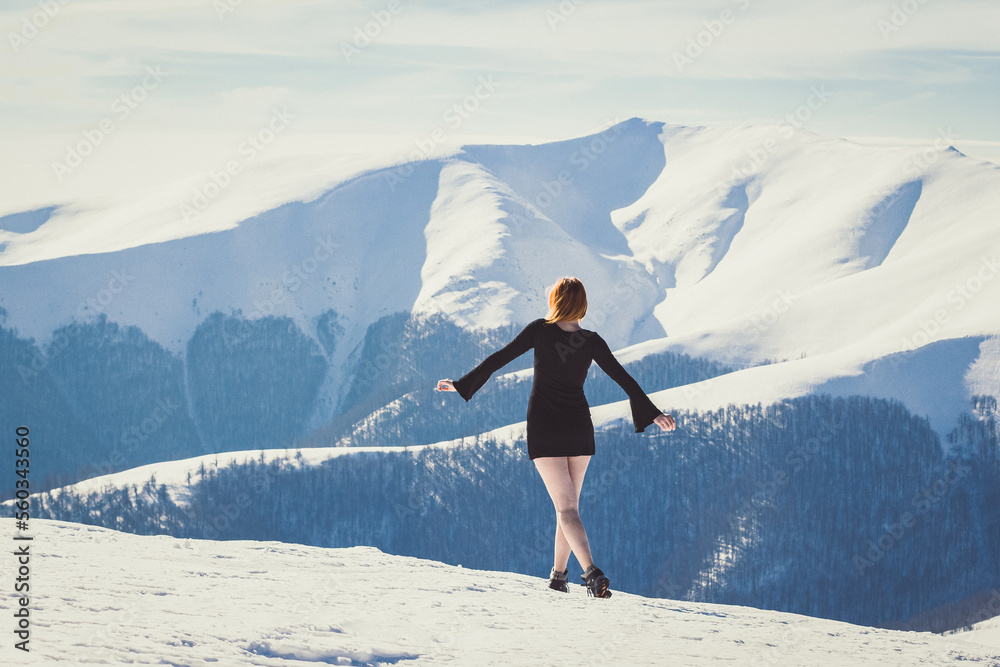 Attractive woman in short dress on mountain scenic photography. Picture ...
