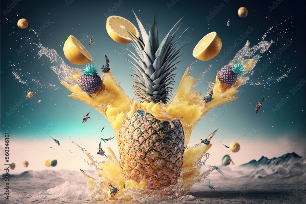 a pineapple with fruit splashing out of it's core and around it's head ...