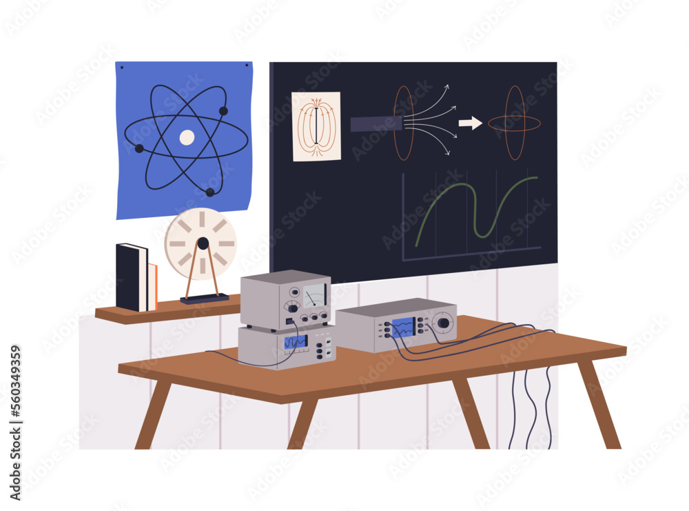 Physics class, classroom with blackboard, desk. Study room for science ...
