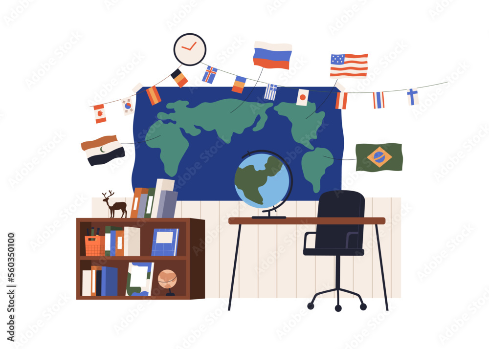 Geography classroom with world map, country flags, globe. Empty school ...
