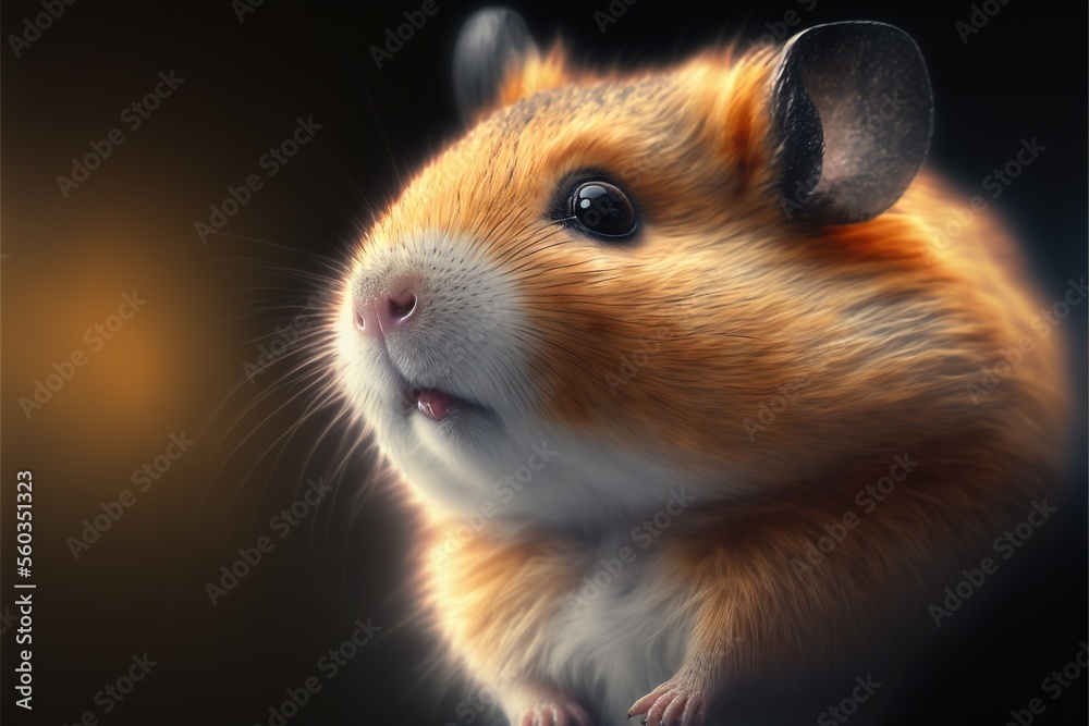 a close up of a brown and white hamster with a black background and a ...