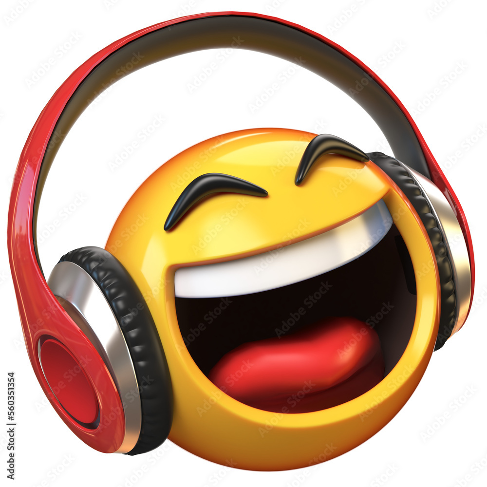 Music emoji with headphones isolated on white background, emoticon with ...