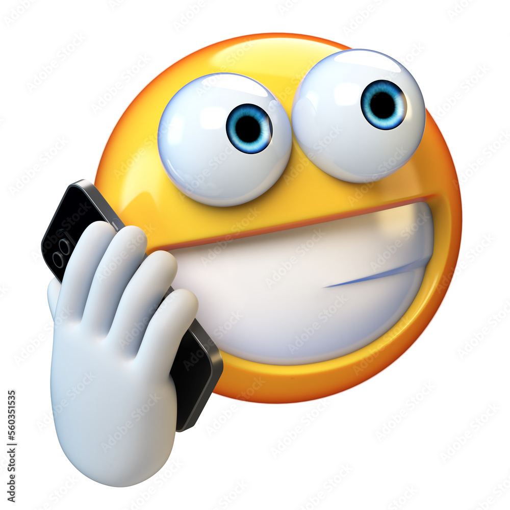 Emoji holding phone isolated on white background, smiling face emoticon ...