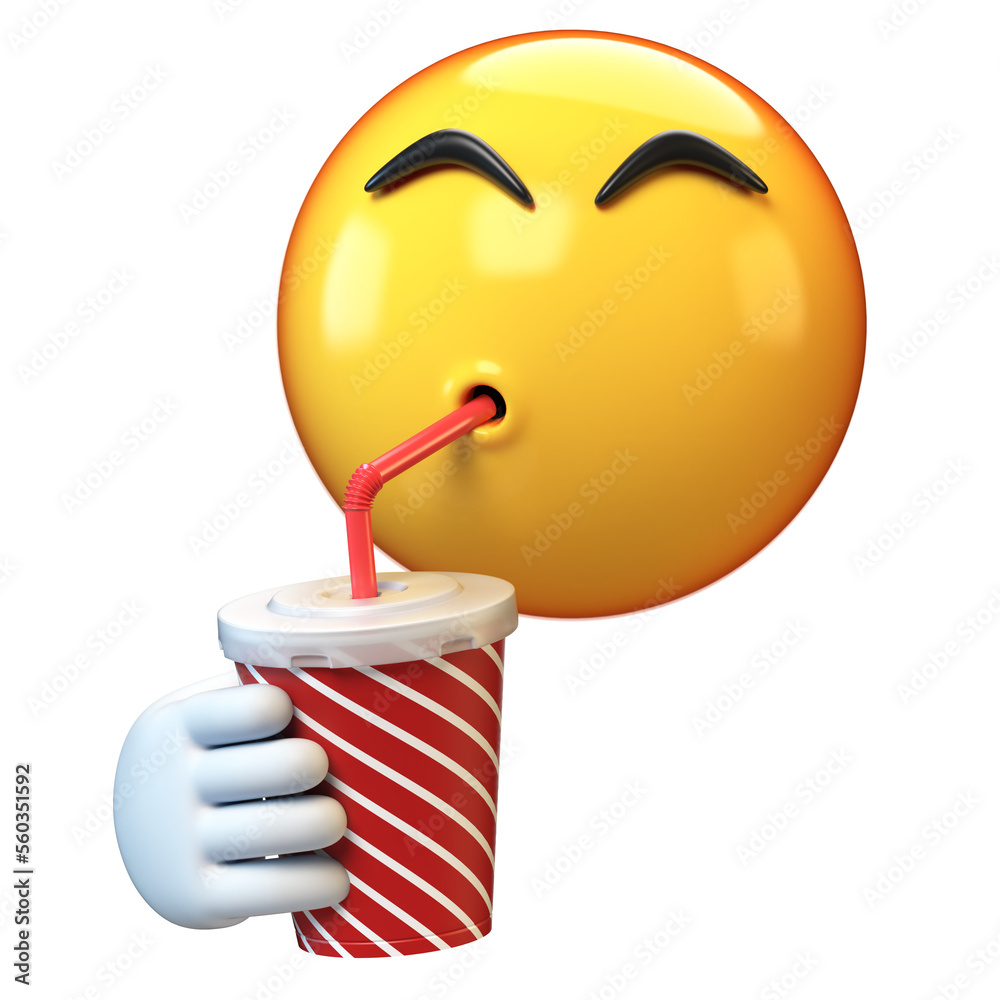 Emoji drinking soda isolated on white background, emoticon holding soft ...