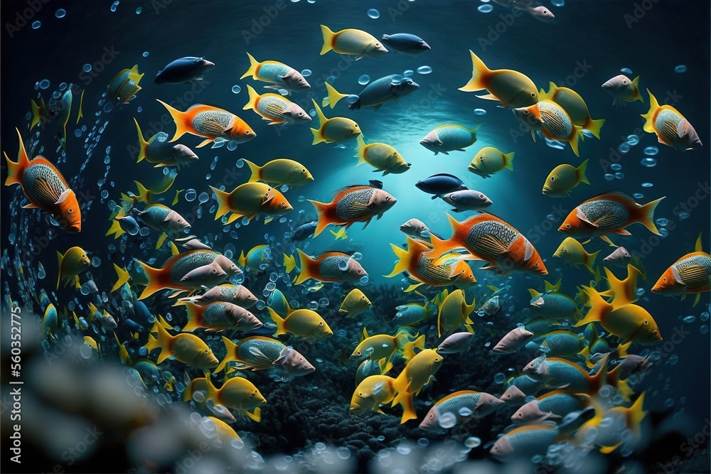a large group of fish swimming in the ocean together in a circle ...