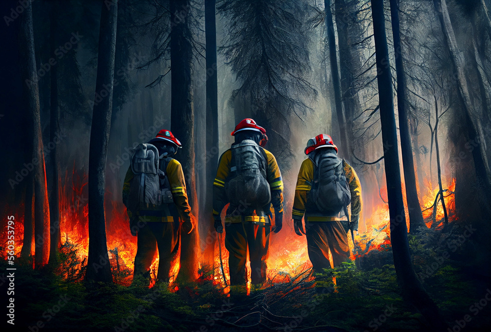 ภาพประกอบสต็อก Firefighters put out a forest fire. Flaming trees. Red ...