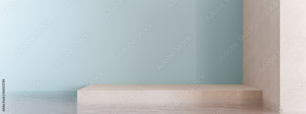Empty scene with water. Blue background. Template for product, cosmetic ...