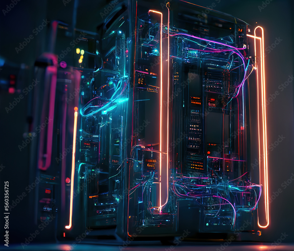 Hi-tech data storage server rack, neon computing design. Generative AI ...