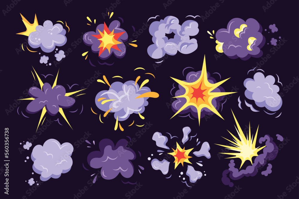Boom explosion set concept without people scene in the flat cartoon ...