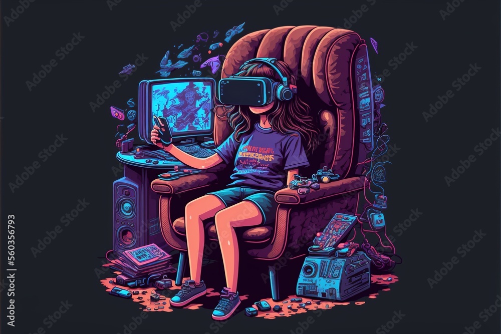 a girl setting on an armchair wearing a VR headset in a style of the ...