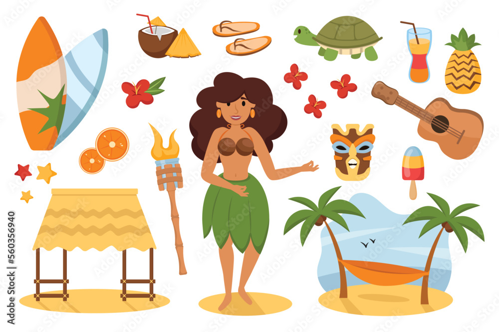 Hawaii vector set set concept with people scene in the flat cartoon ...